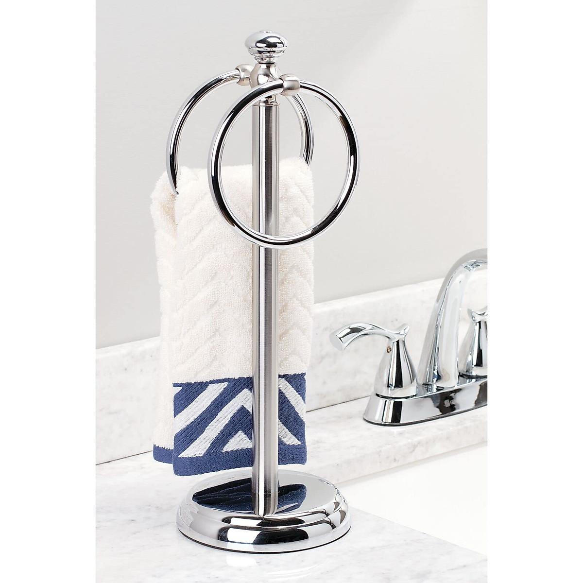 mDesign Steel Towel Rack Holder Stand with 2 Hanging Rings for Bathroom Vanity Countertops - Space Saving Hand Towel Holder - Hyde Collection - Chrome/Brushed