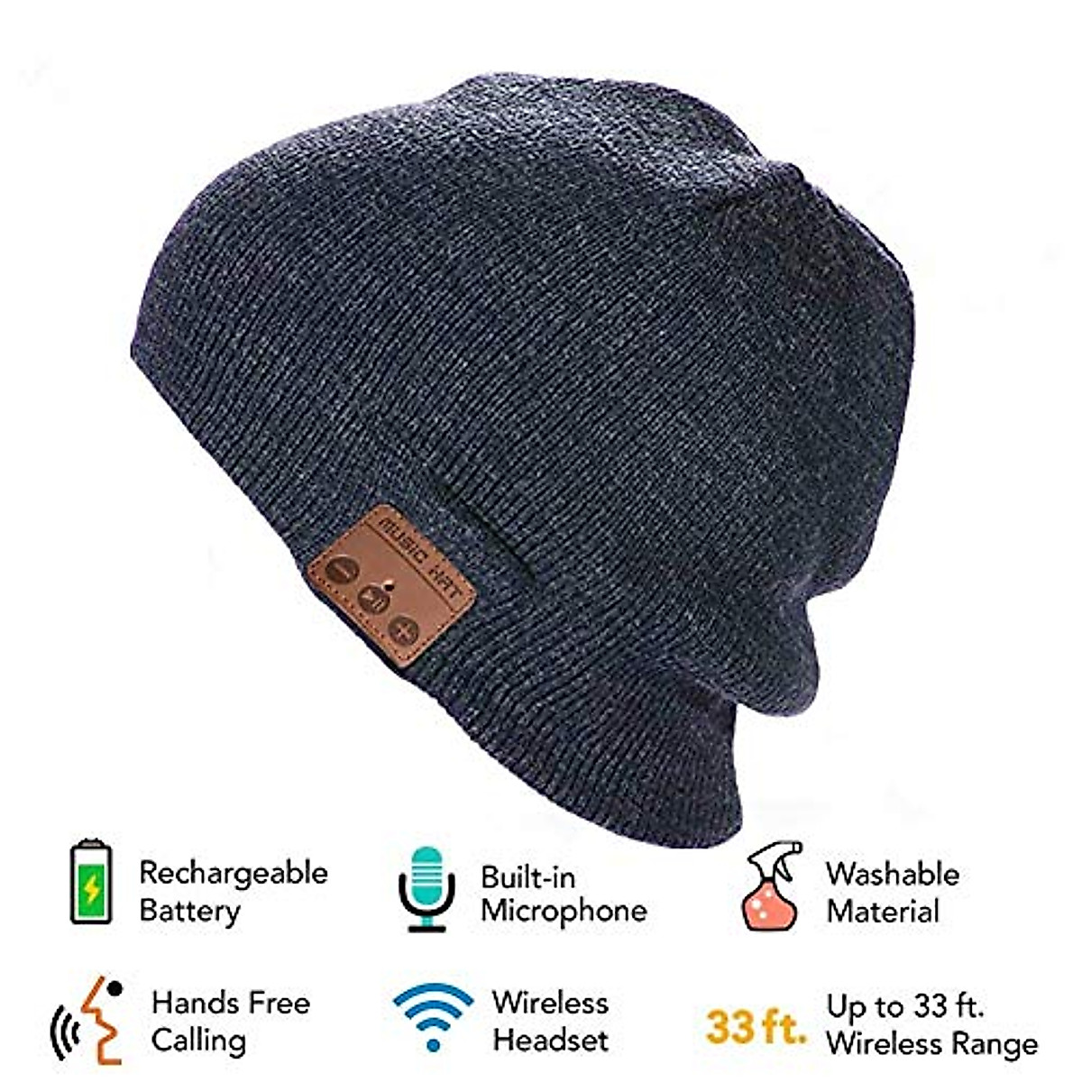 Happy-top Beanie Wireless Music Headphones Hat Compatible for iPhone Samsung Android (Dark Grey)