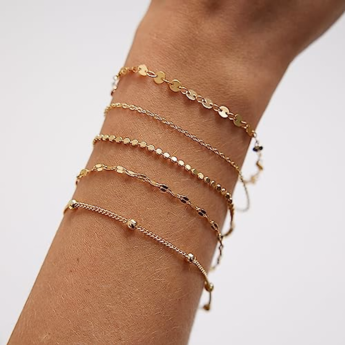 MIDEEO Gold Layered Bracelet for Women 14K Gold Plated Layered Dainty Wafer Point Lip Chain Beads Bracelet Set Silver Bracelet Simple Layering Set Women Jewelry Gift