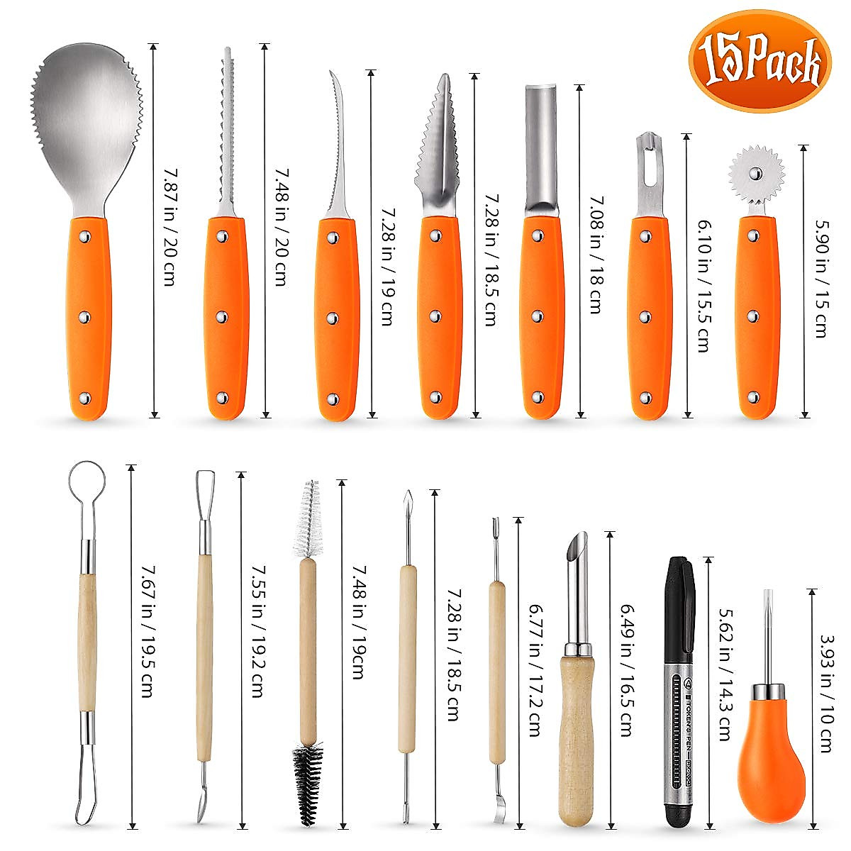 Unomor Halloween Pumpkin Carving Tools Kit, 15 PCS Professional Pumpkin Carving Set Includes Wooden Sculpture Knife Saw Marker for Halloween Pumpkin Decoration, Easily Carve Jack-O-Lantern