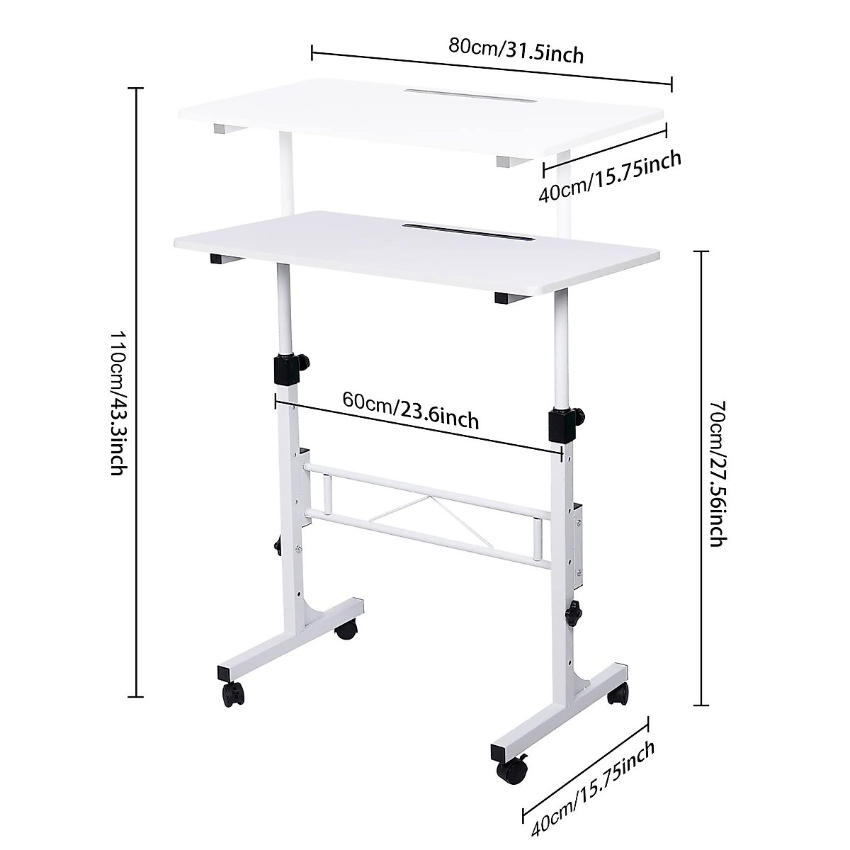 KLSMYHOKI Standing Desk Adjustable Height, Mobile Stand Up Desk with Wheels Small Computer Desk Rolling Desk, Portable Laptop Desk White Standing Table Home Office Desks 16"x31.5" Height 27"-43.5"