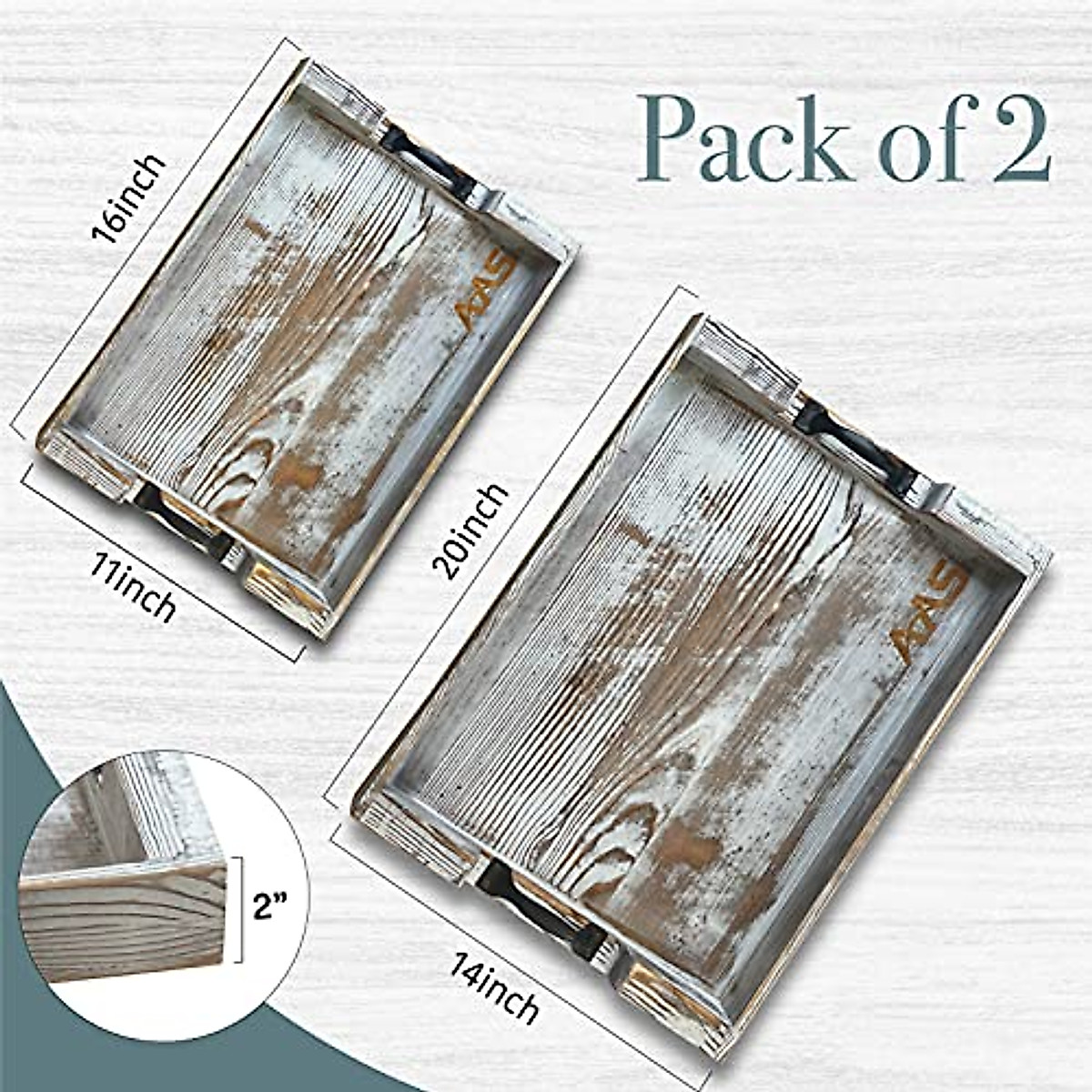 Rustic Serving Tray with Extra Long Handle, Decoration Tray, Bed Tray(set of 2)Large 20 x 14 x 2'' -Small 16 x 11 x 2'' Dinner Romantic Breakfast on Bed for your Partner, Home decor, Coffee Table Tray
