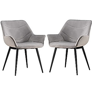 Homy Grigio Upholstered Dining Chairs Set of 2 Mid Century Modern Dining Room Chairs Kitchen Chairs for Dining Room Accent Chairs Velvet Arm Chairs with Black Metal Legs (Set of 2, Gray)
