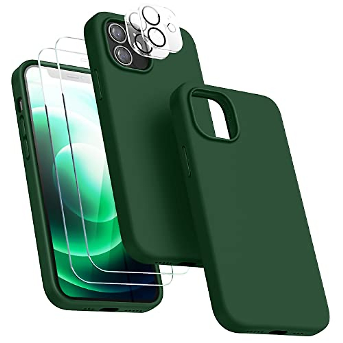 JTWIE [5 in 1 for iPhone 12 Phone Case/iPhone 12 Pro Phone Case with Screen Protector and Camera Lens Protector, Liquid Silicone Phone Case for iPhone 12 Pro (Alpine Green)…