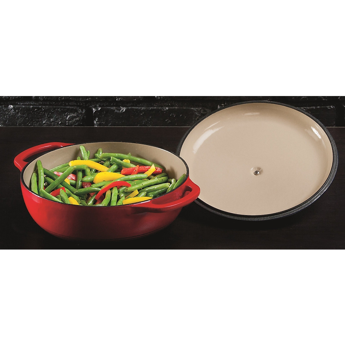 Lodge 3 Quart Enameled Cast Iron Dutch Oven with Lid – Dual Handles – Oven Safe up to 500° F or on Stovetop - Use to Marinate, Cook, Bake, Refrigerate and Serve – Island Spice Red