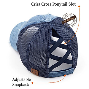 C.C Exclusives Washed Distressed Cotton Denim Criss-Cross Ponytail Hat Baseball Cap Bundle Hair Tie (BT-780)(BT-791) (A Elastic Band-Denim/Navy)