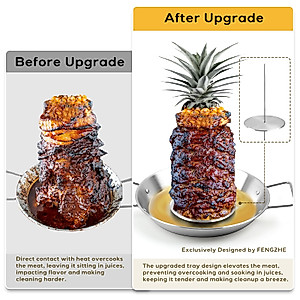 Fengzhe Al Pastor Skewer for Grill, Stainless Steel Vertical Skewer, Brazilian Spit Stand with 3 Spikes,2 Brushes,Ideal for Tacos Al Pastor,Shawarma, Kebabs on Smoker, Oven,with Fat Separator Tray.