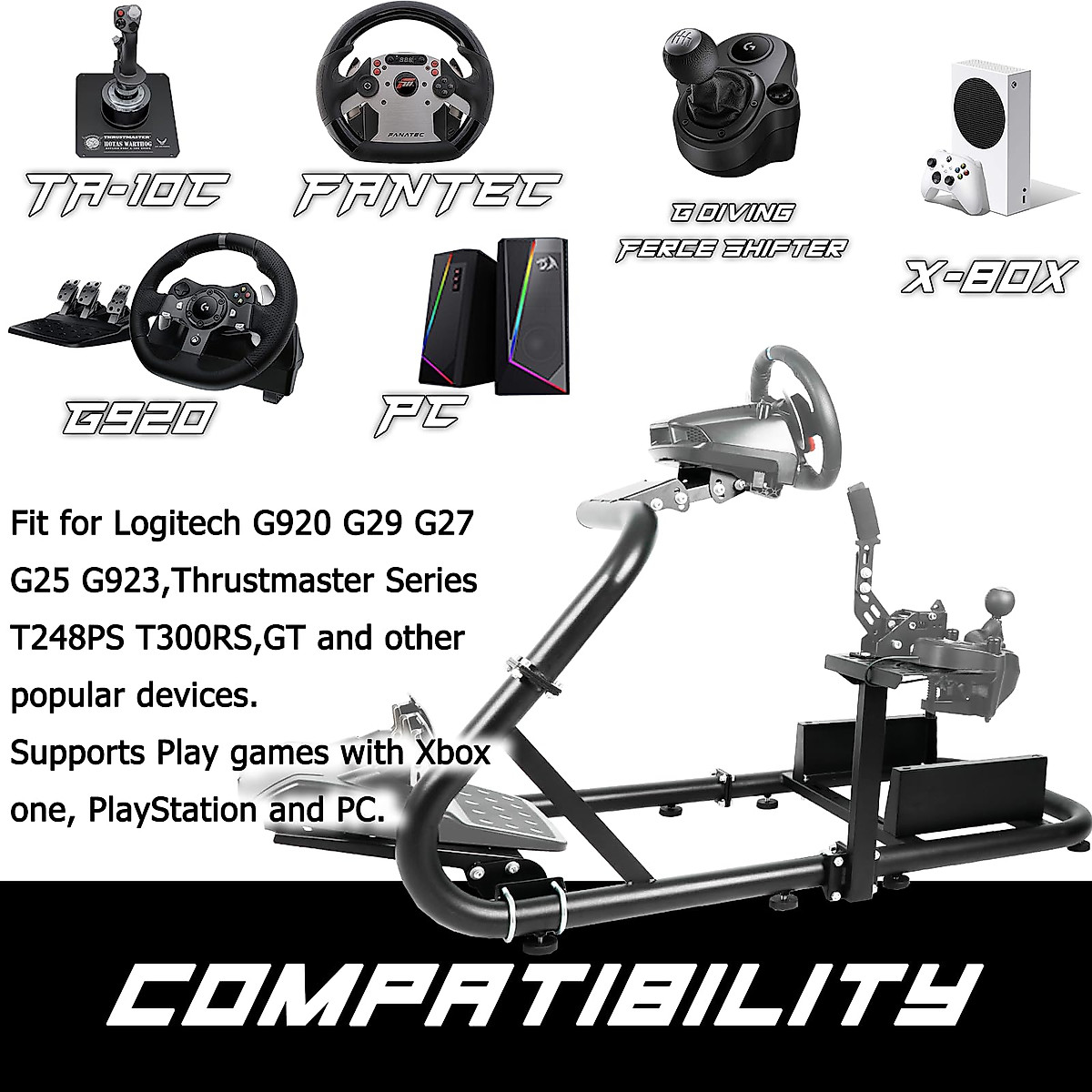 Anman Pro Steering Wheel Stand fits for Logitech/Thrustmaster g25,g27,g923,t3pa,T248x,T80,T300RS TX, 50mm Round Tube Freedom Upgrade Racing Simulator Cockpit Steering Wheel Pedal Seat Not Included