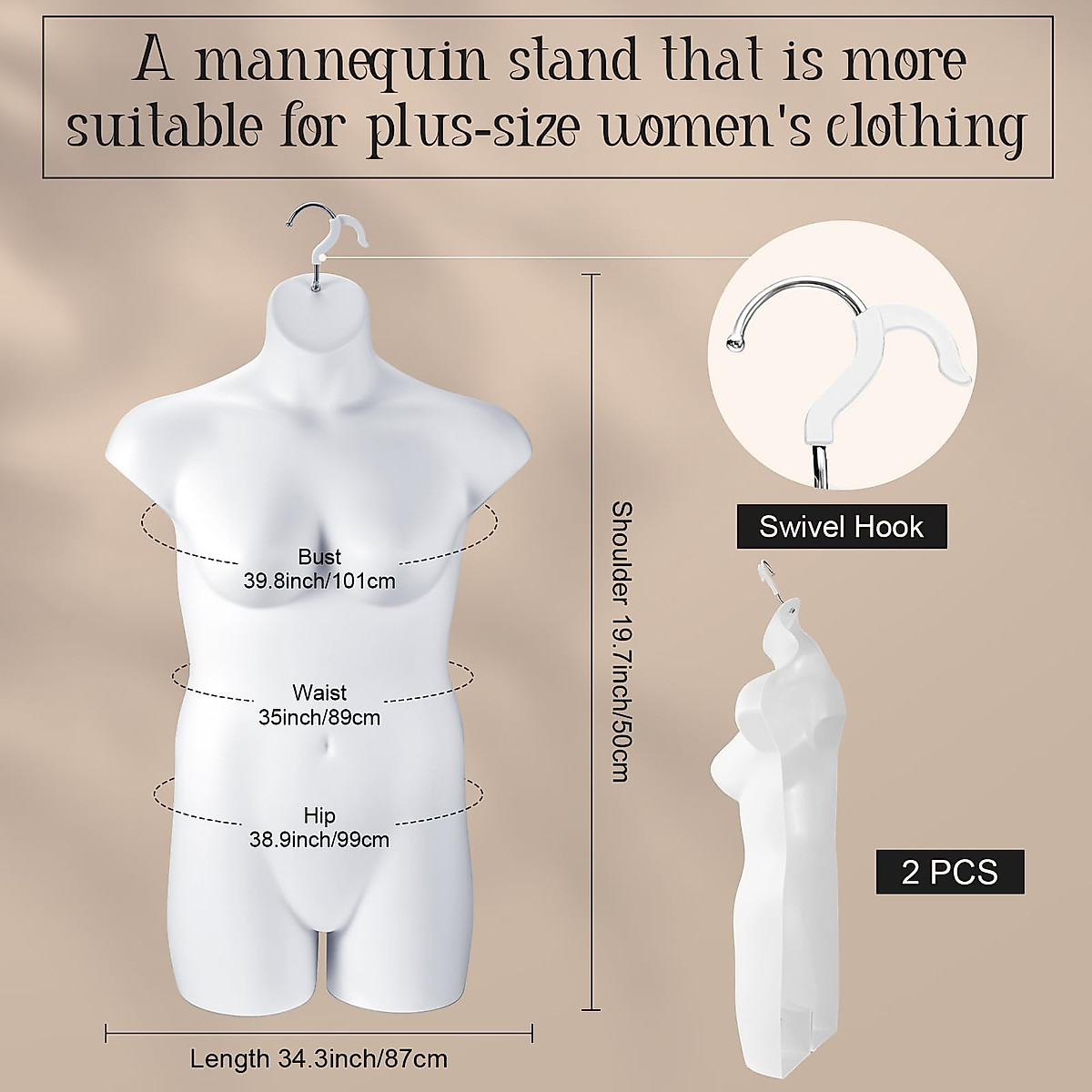 Kigley 2 Pcs Plus Size Female Mannequin with Hook Hip Long Hollow Back Hanging Mannequin Torso White Female Half Mannequin Body Dress Form Clothing Shirt Dress Accessories Display