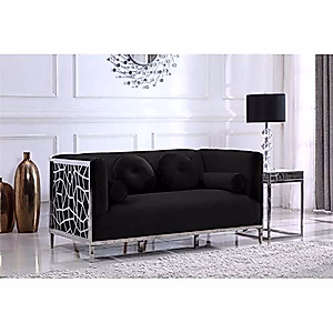 Meridian Furniture Opal Collection Modern | Contemporary Velvet Upholstered Loveseat with Intricate Chrome Stainless Steel Design, Black, 64.5" W x 33.5" D x 30.5" H
