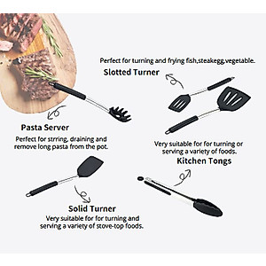 DMFC Kitchen Utensils Set 15 Pieces Kitchenware Supplies Set Silicone Stainless Steel Handle Cooking Nonstick Pot High Temperature Resistant Spatula Spoon Kitchenware. (Black)