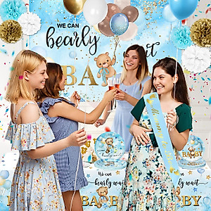 We Can Bearly Wait Baby Shower Decorations,Teddy Bear Baby Shower Decorations for Boy with Backdrop and Plates, Napkins and Cups,Mommy To Be Sash