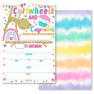Grace Yonks Cartwheels and Cupcakes Birthday invitation, Gymnastics Party invite, Tumbling Birthday, 20 Invitations and Envelopes, Birthday party Invitations, Birthday Party Supplies.(024)