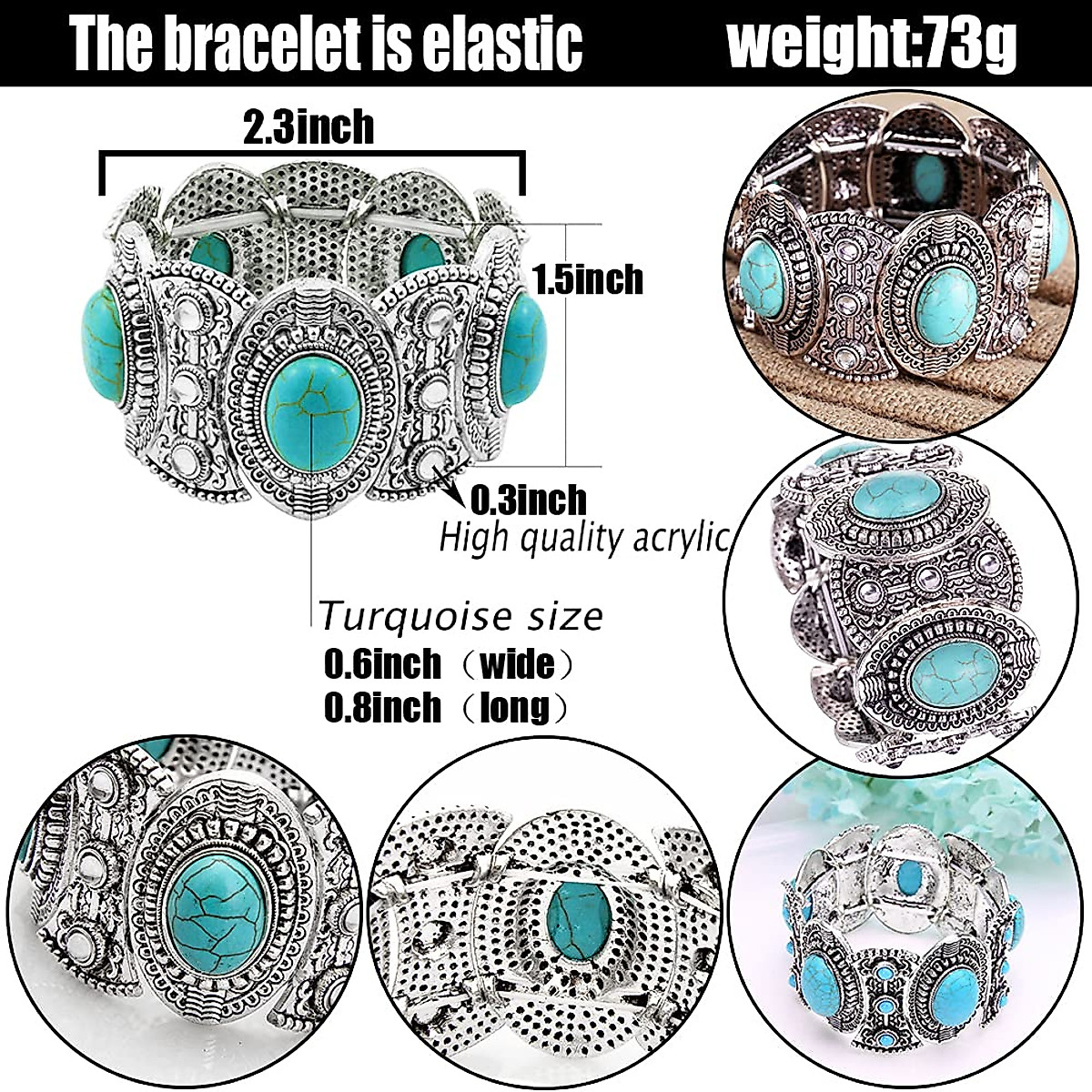 ABJFJE Fashion Imitation Turquoise Elastic Strands Bracelet Retro Bohemian Charm Statement Beaded Handmade Bracelet for Women Costume Jewelry