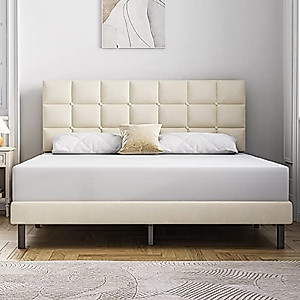 Molblly Queen Bed Frame Upholstered Platform with Headboard and Strong Wooden Slats,Non-Slip and Noise-Free,No Box Spring Needed, Easy Assembly,Light Beige