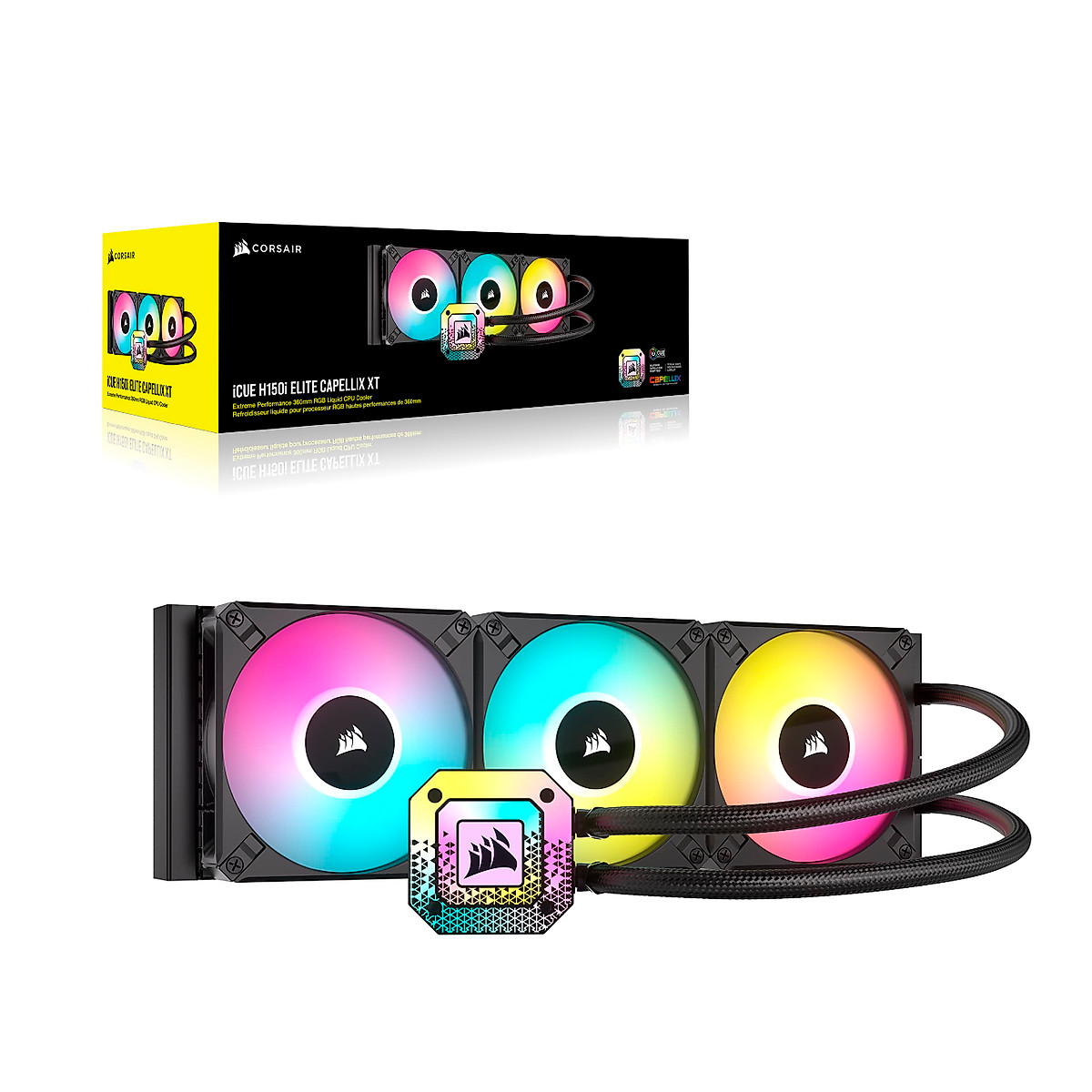 Corsair iCUE H150i Elite CAPELLIX XT Desktop Liquid CPU Cooler - Three AF120 RGB Elite Fans - 360mm Radiator - Intel® LGA 1700, 1200, 115X, 2066, AMD® AM5, AM4 - Included iCUE Commander CORE - Black