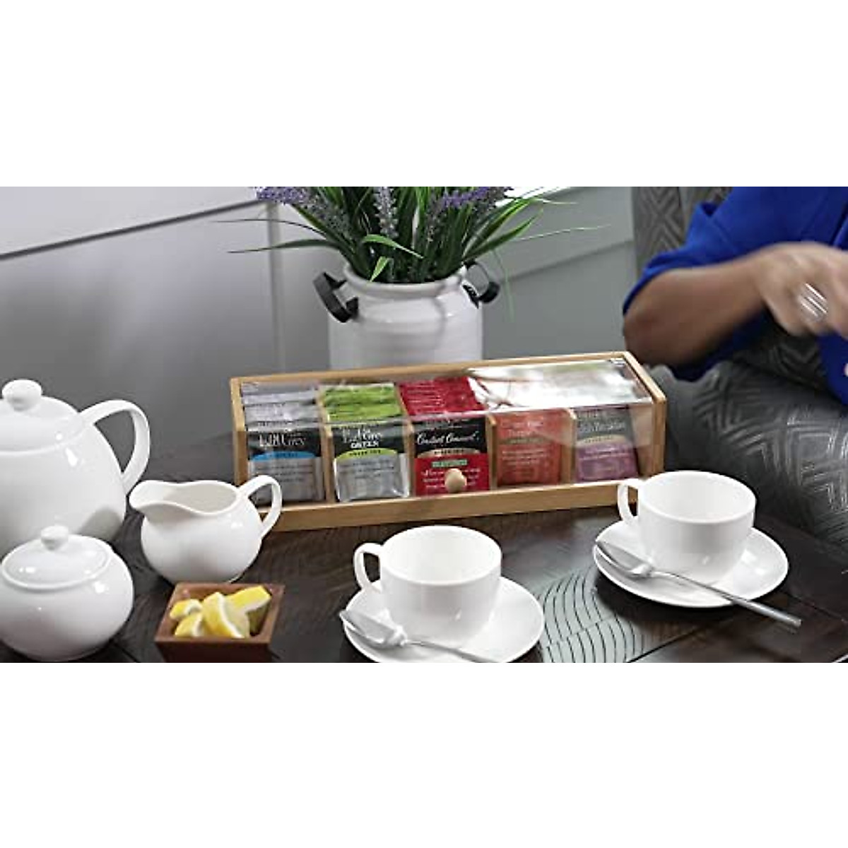Lipper International 8187 Bamboo Wood and Acrylic Tea Box with 5 Sections, 14" x 5" x 3-3/4"