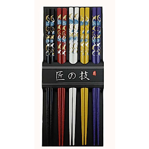 JapanBargain, Bamboo Chopsticks Reusable Japanese Chinese Korean Wood Chop Sticks Hair Sticks 5 Pair Gift Set Dishwasher Safe, 9 inch (1, Multi-Crane)
