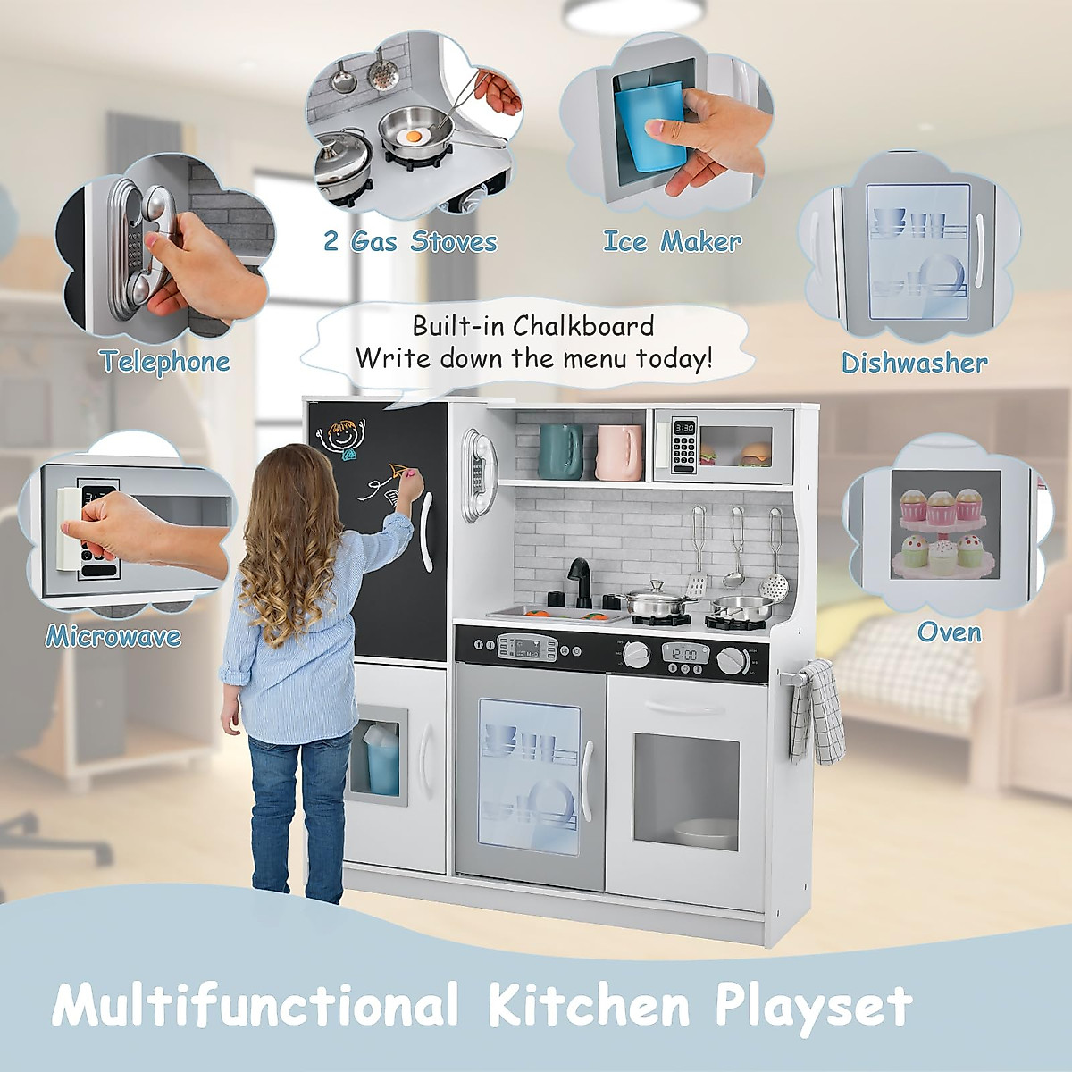 MAT EXPERT Kids Kitchen Playset, Wooden Chef Pretend Toy Kitchen w/Chalkboard, Ice Maker, Cookware Accessories, Telephone, Oven, Microwave, Play Kitchen for Toddlers, Gift for Boys Girls 3+ (White)