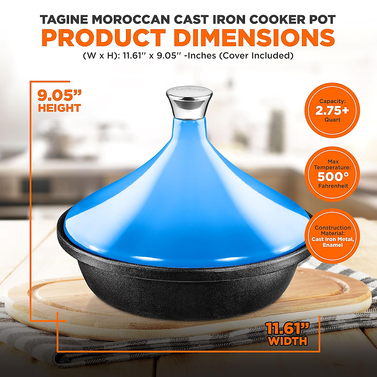NutriChef Cast Iron Moroccan Tagine - 11.6 Inch Tajine Cooking Pot with Stainless Steel Knob, Enameled Base, Cone-Shaped Enameled Lid - Oven and Dishwasher safe - 2.75 Quart, Blue