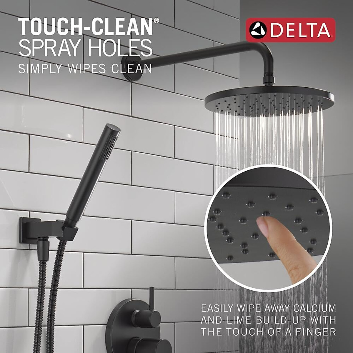 Delta Faucet Modern Raincan 2-Setting Round Shower System Including Rain Shower Head and Handheld Spray Black, Rainfall Shower System Brushed Black, Shower Valve Trim Kit, Matte Black 342702-BL