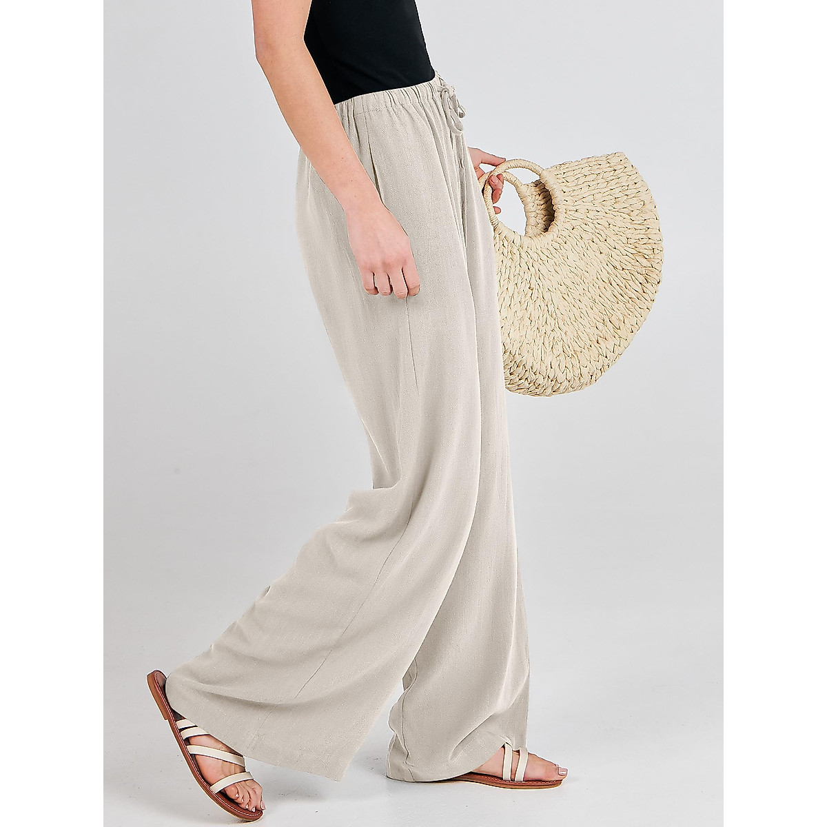 ANRABESS Women's Linen Summer Palazzo Pants Elastic Waist Casual Beach Trendy Wide Leg Trousers with Pockets Large Apricot