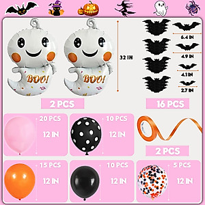 62 Pcs 12 Inch Halloween Balloons Decorations Pink Black Orange Balloons Confetti Balloons Ghost Aluminum Foil Balloons Bats Stickers for Halloween Party Birthday Supplies