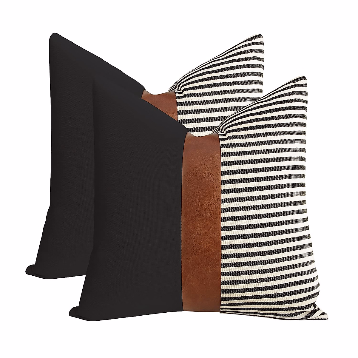 cygnus 20x20 Pillow Covers Set of 2 Farmhouse Decor Stripe Patchwork Linen Throw Pillow Covers Modern Faux Leather Covers for Couch Sofa,Black