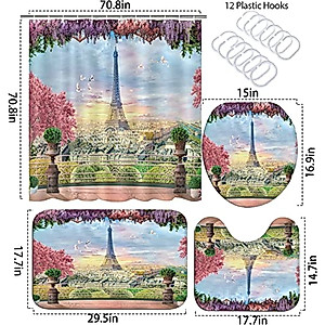 4PCS Eiffel Tower Shower Curtains with Rugs Bath Mat Toilet Lid Cover and 12 Hooks Waterproof Paris Tower Bathroom Shower Curtain Set
