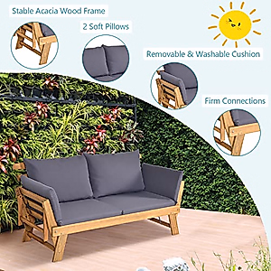DORTALA Patio Convertible Couch Sofa Bed, Acacia Wood Daybed w/Adjustable Armrest, Collapsible Chaise Lounge w/Cushions & Pillows, Outdoor Loveseat forPoolside, Courtyard, Grey