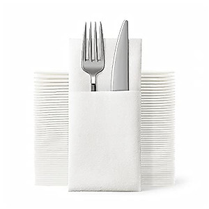 JEBBLAS Disposable Cloth Like Napkins, Built-in Flatware Pocket, Wedding Party Linen Feel White Napkin, Prefolded for Silverware,50 Count
