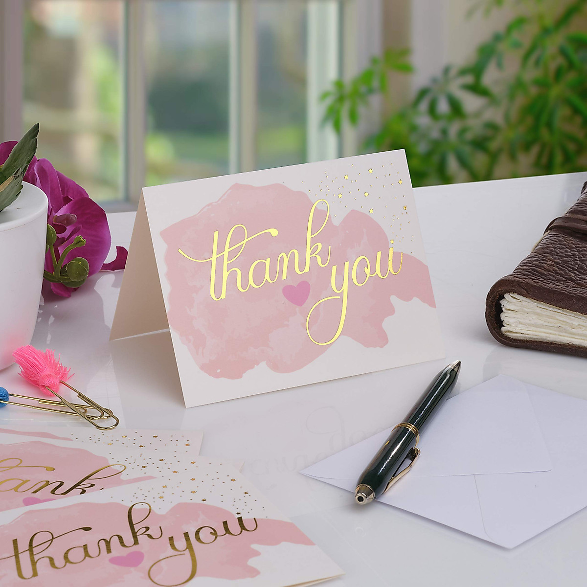 Thank You Cards with Envelopes (Set of 48) | Great for Baby Shower, Bridal Shower, Wedding, Parties & More | Thank You Notes Gold Foil Stamped Premium Cardstock with Pink Blush Watercolor Design