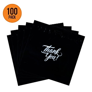 Infinite Pack Black 12"x15"(100pcs) Thank You Merchandise Bags, Die Cut Handles, Retail Shopping Bags for Boutique, Goodie Bags, Gift Bags Bulk, Favors, 1.75 Mil Reusable Plastic Bags
