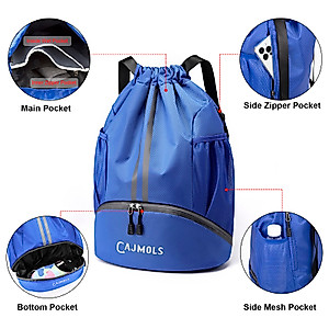 Cajmols Drawstring Backpack with Ball Compartment Water Resistant Sport Equipment Bag for Soccer Volleyball Baseball Softball Football Yoga Swimming (Q-Blue)