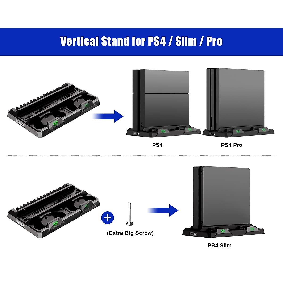 ElecGear Vertical Stand for PS4, Charging Station with Cooling Fan, Charger Dock for DualShock 4 Controller, 16x Games Blu-ray Storage Bracket Accessories Kit for Playstation 4, PS4 Pro, PS4 Slim