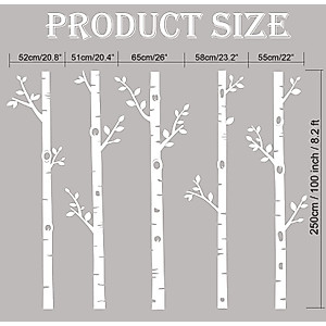 Giant Tree Wall Decals 5 Birch Tree Wall Stickers Woodland Wall Stickers for Baby Kids Nursery Bedroom Living Room Wall Decorations (100", White)