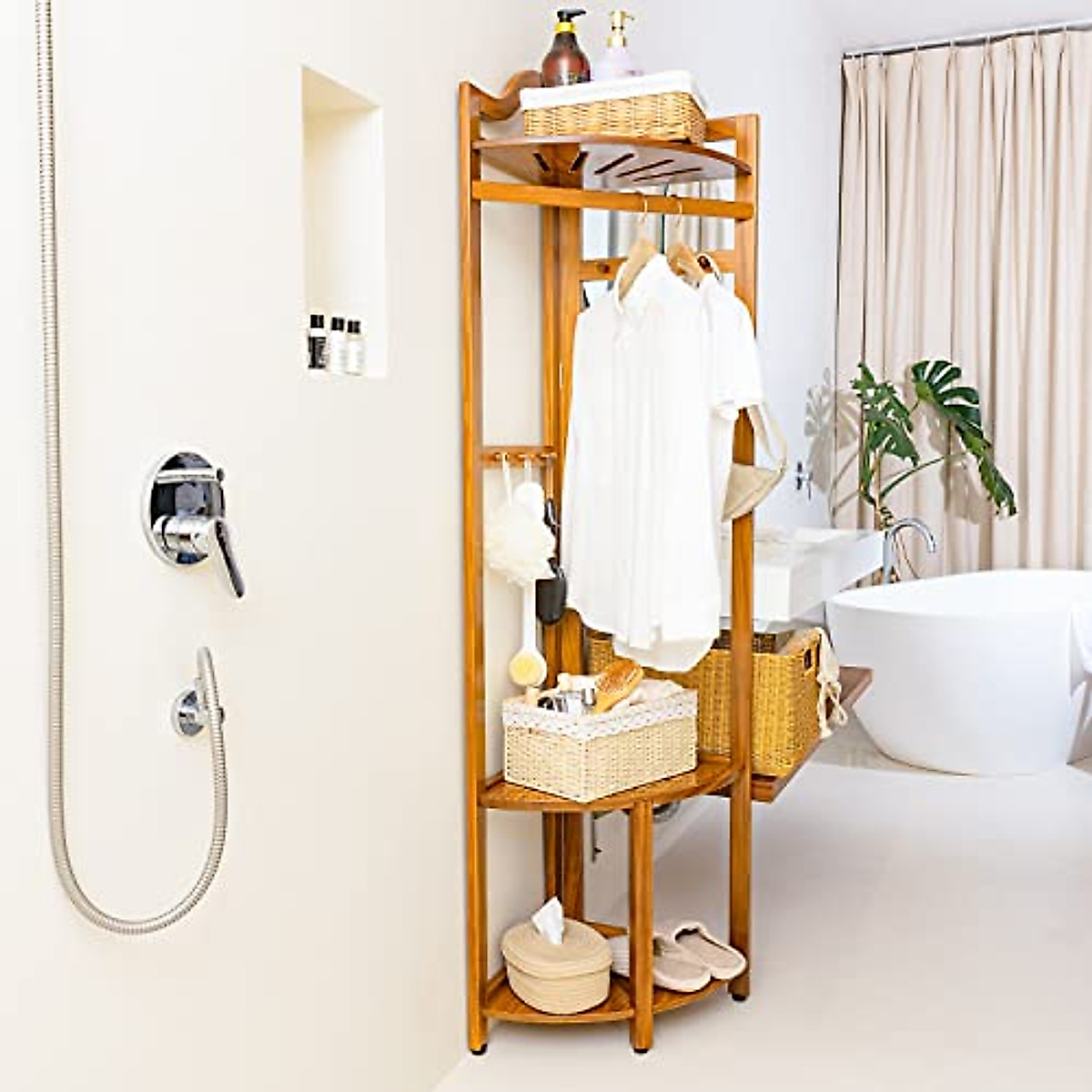 70“ Teak Corner Hall Tree with Shoe Bench,Corner Coat Rack with Bench,Corner Hall Tree,Entryway Coat Rack,Built of Solid Teak.