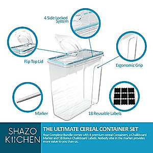 Cereal Container Storage Set - 100% Airtight Food Storage Containers, 18 Labels and Pen, Great for Flour - BPA Free Dispenser Keepers (135.2oz) 4PC - Shazo