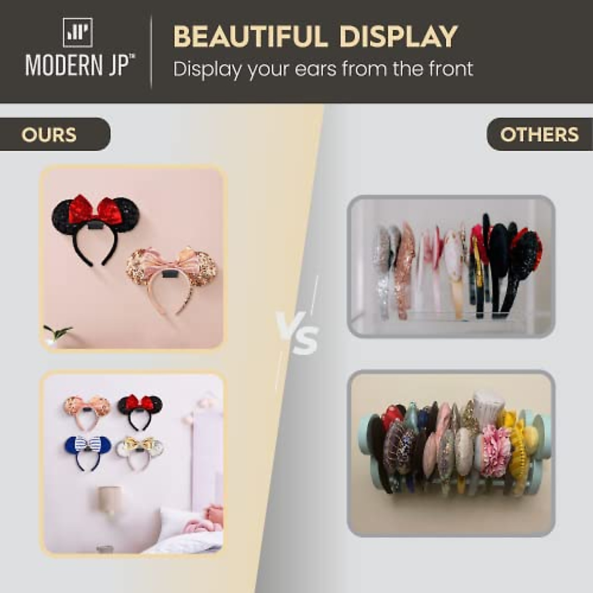 Modern JP Adhesive Hooks for Disney Ears (8-Pack) - Minimalist Disney Ear Holder, No Drilling Headband Holder Design, Strong Hold Headband Organizer - U.S. Patent Pending, Black