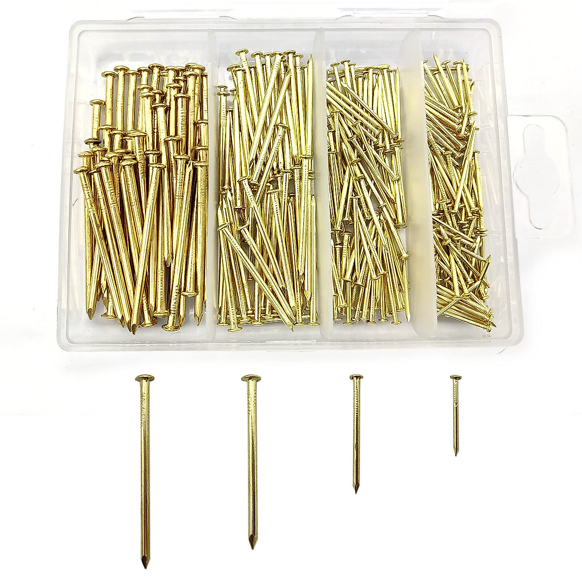 YOUYIDUN - 450 Pcs Nail Assortment Kit, Brass Nails for Hanging Pictures, Gold Finishing Nails Hardware Assortment Set, (0.78 in|1 in|1.57 in|2 in) Small Nails for Picture Hanging/Wood/Concrete Wall