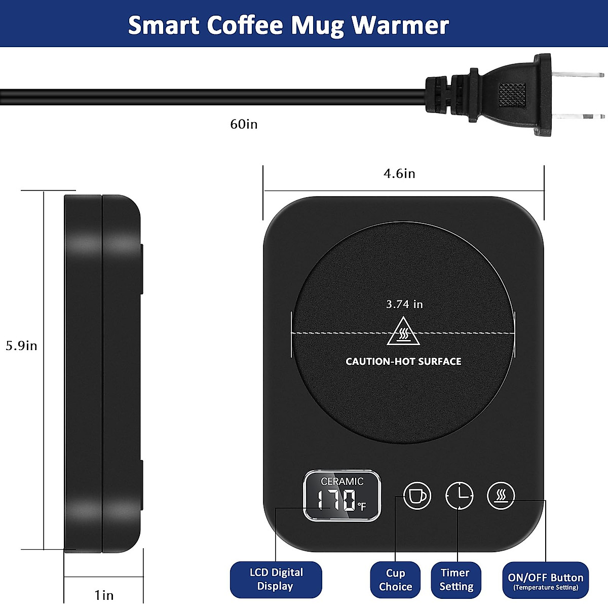 Smart Coffee Mug Warmer - 30W Coffee Cup Warmer for Desk with Temp Display & 2-12H Timer, Auto Shut Off & Gravity Sensor Coffee Cup Warmer with 3 Temp Settings for Coffee Beverage Milk Tea (No Cup)
