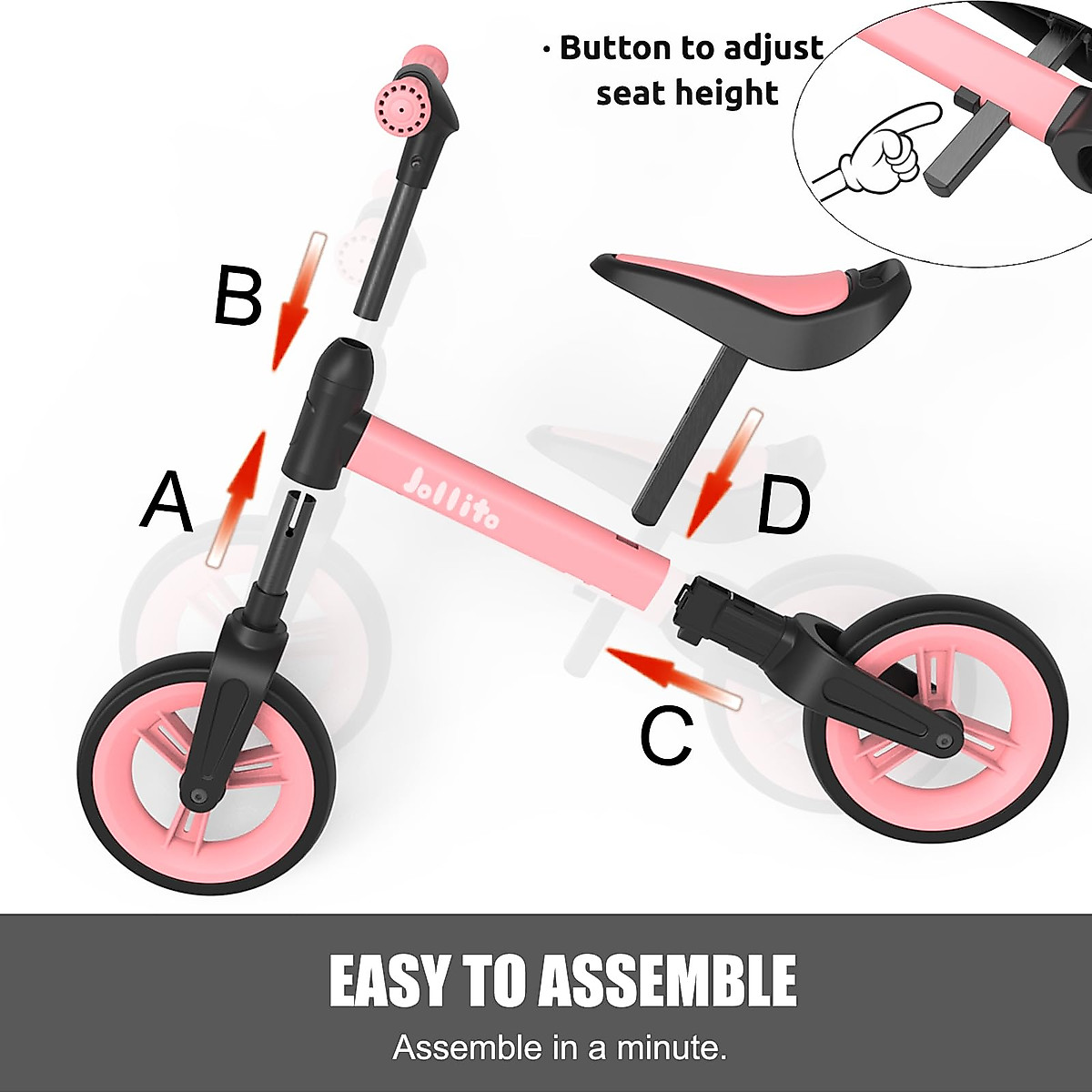 JOLLITO Toddler Balance Bike for 18 Months, 2, 3, 4 Years Old Girl Boy, Adjustable Seat and Handlebar, 9 Inch Wheel, Aluminium Frame, Best Gifτ for Beginners