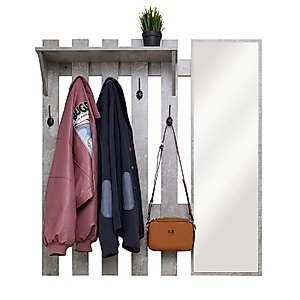 39.4" Coat Rack Wall Mount with Mirror, Wall Shelf with 5 Hooks and Storage for Hallway Entryway Modern (Grey)