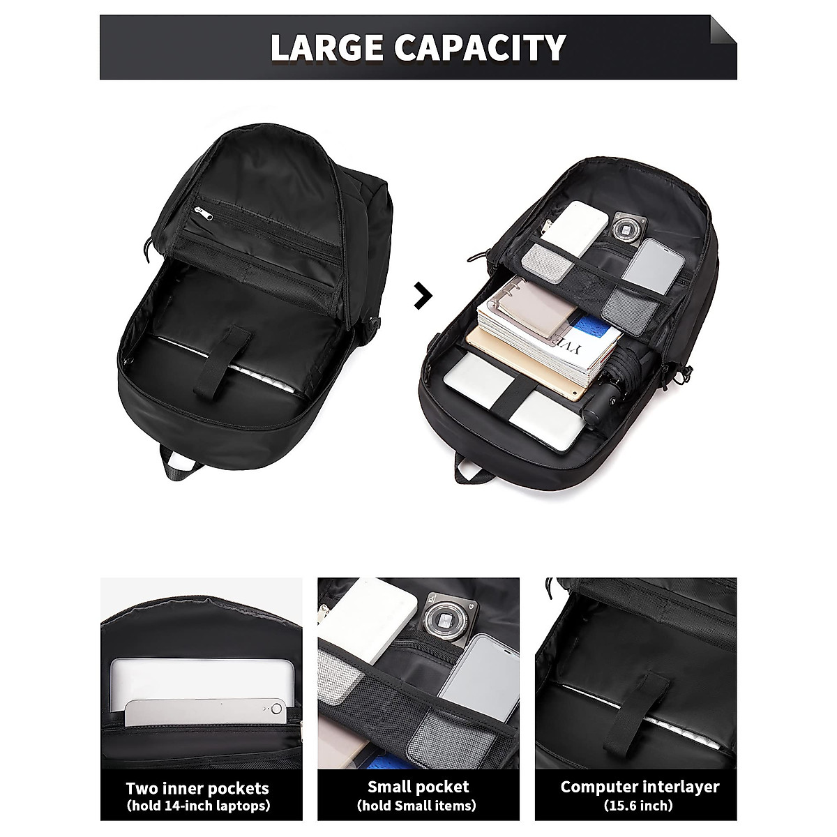Small Black Travel Laptop Backpack Airline Approved, Business Laptops Carry on Backpack with USB Charging Port,Waterproof College High School Bag Bookbag Gifts for Men Women Fits 14 Inch Notebook