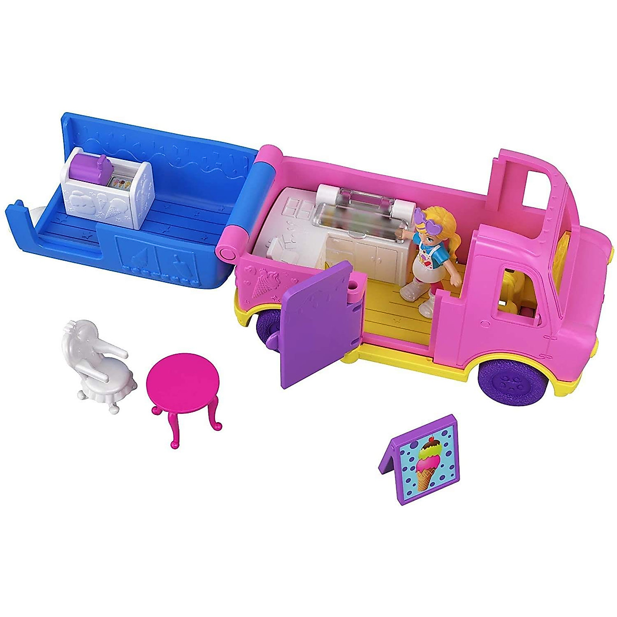 Polly Pocket Pollyville Transforming Ice Cream Truck with Ice Cream Flavor Display, Table, Chairs, Micro Polly Doll & Accessories