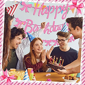 TaoBary Pink Bow Happy Birthday Decorations Glitter Pre Strung Coquette Birthday Banner Party Decorations Girl Cute Themed Birthday Party Decors for Bridal Shower Wedding Coquette Party Decor Supplies
