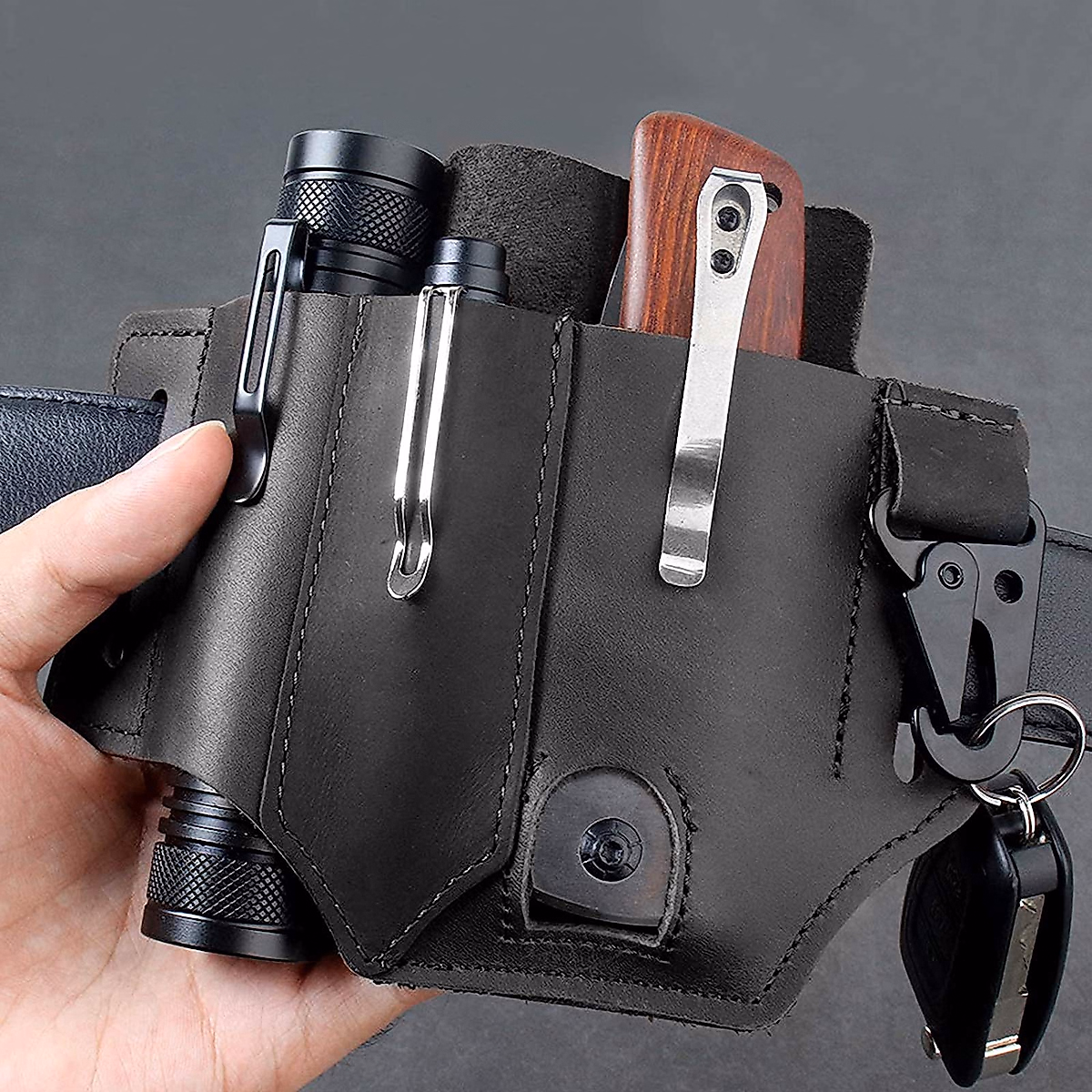 Pocket Organizer Pouch EDC Leather Sheath for Belt for 5 inch Knives Tactical Flashlights Key Fob Tools (Black)