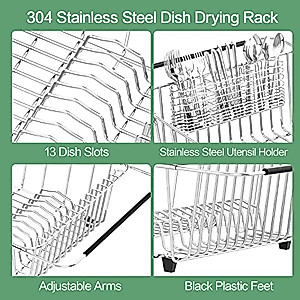 Sink Dish Drying Rack, Expandable 304 Stainless Steel Metal Dish Drainer Rack Organizer Shelves with Stainless Steel Utensil Holder Over Inside Sink, Rustproof
