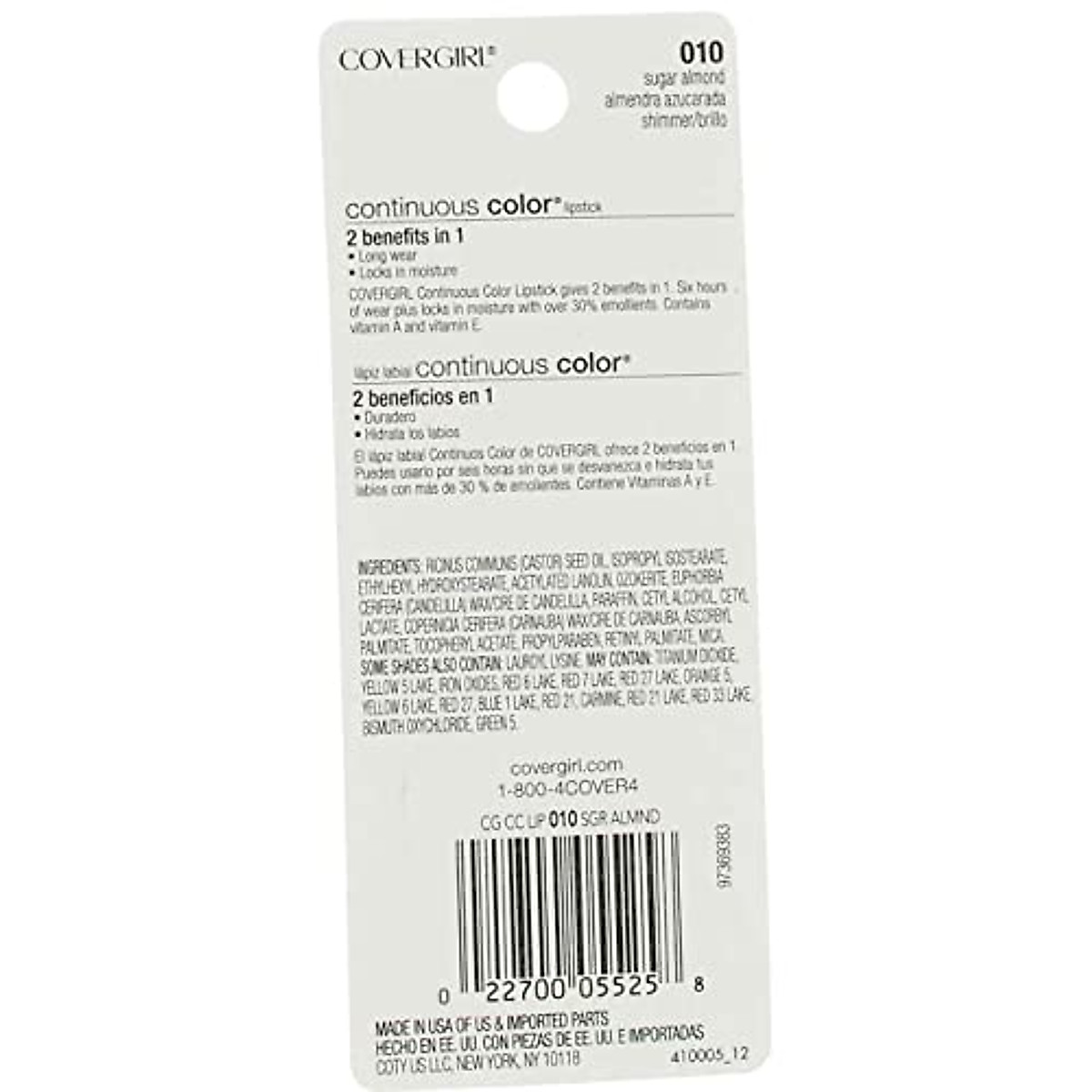 CoverGirl Continuous Color Lipstick, Sugar Almond [010], 0.13 oz (Pack of 5)