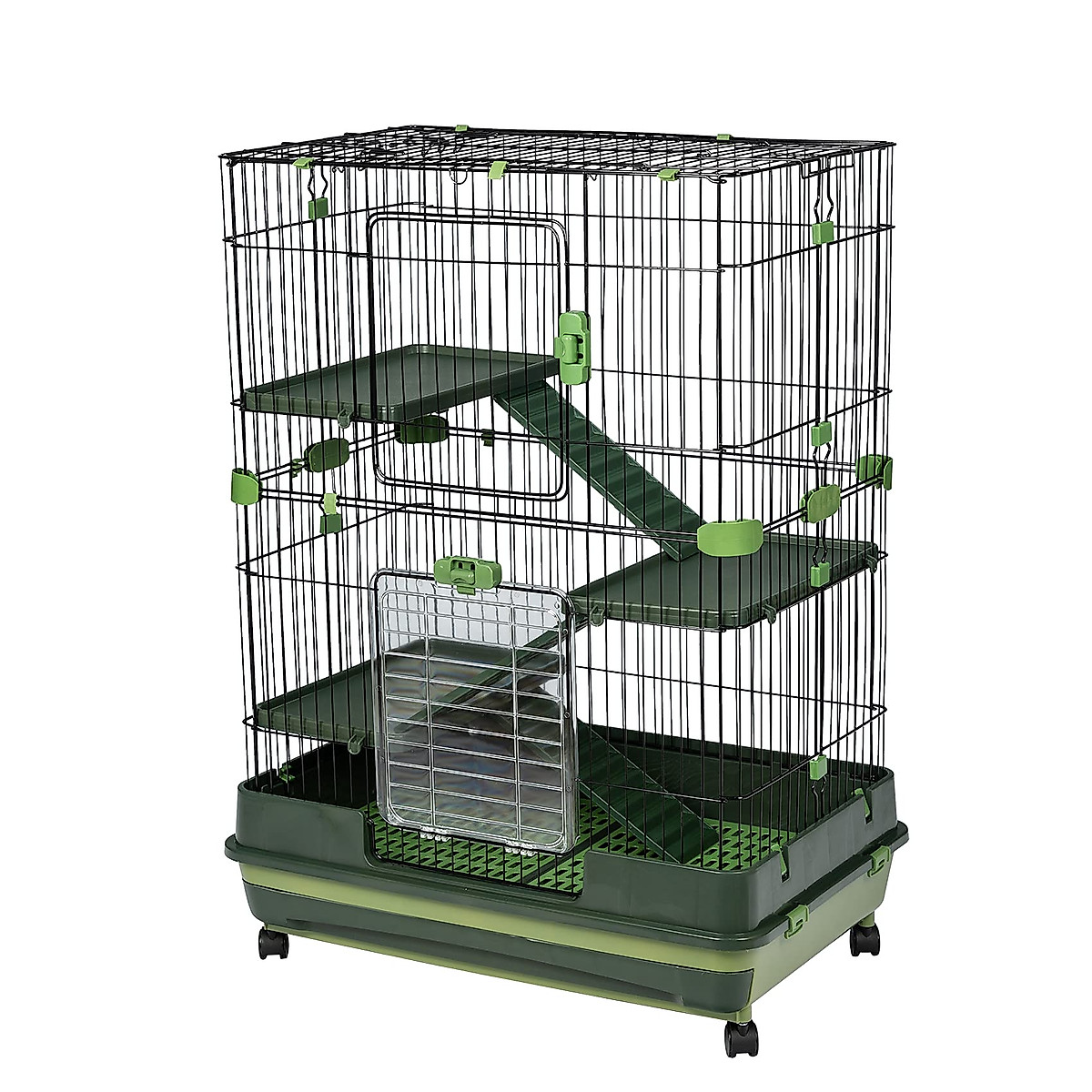 Gecheer 4-Tier 32" Small Animal Metal Cage Height Adjustable with Lockable Casters Grilles Pull-Out Tray for Rabbit Chinchilla Ferret Bunny Guinea Pig Squirrel Hedgehog Green